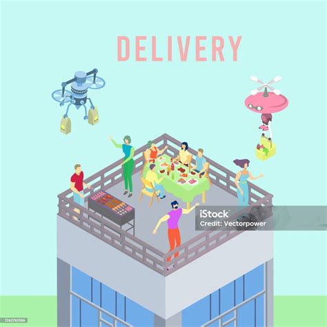 미래 기술 전달 서비스 온라인 익스프레스 메일 공급 3d 등자극 벡터 일러스트 드론 수입 식품 주문 고기에 대한 스톡 벡터 아트 및 기타 이미지 Istock
