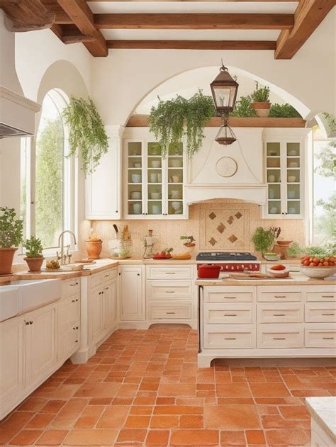 Warm And Inviting Mediterranean Kitchen With Terracotta Tile Floors