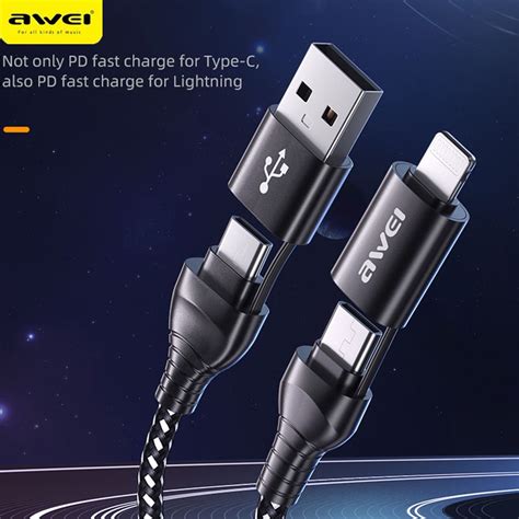 AWEI CL 126 4 In 1 Multi Charging USB Cable 60W Fast Quick Charging Braided Nylon Shopee