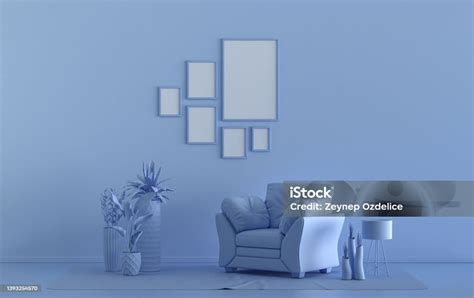 단단한 편평한 파스텔 밝은 파란 색깔에 있는 여섯 개의 프레임을 가진 벽 모형 단색 인테리어 0명에 대한 스톡 사진 및 기타