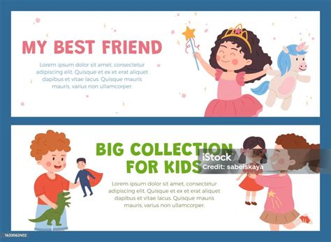 장난감을 들고 있는 행복한 소년 소녀들 아이들이 좋아하는 장난감 가장 친한 친구 만화 벡터 전단지 탐플레이트 세트를 가지고 놀고