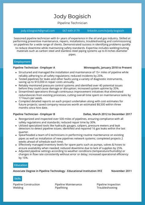Pipeline Technician Resume Cv Example And Writing Guide