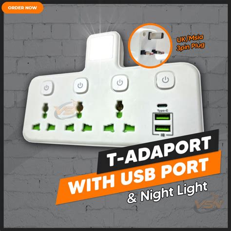 Pin T Adaport Adaptor Adapter Socket Outlet Type C Usb Port Night Light Power Trailing Plug
