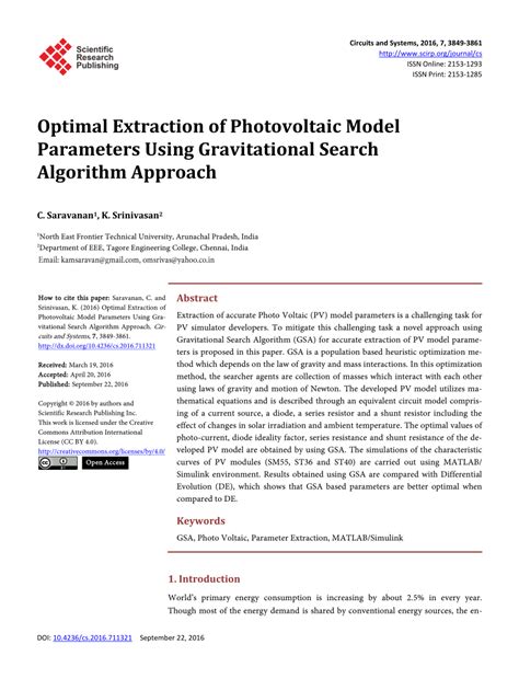 Pdf Optimal Extraction Of Photovoltaic Model Parameters Using Gravitational Search Algorithm