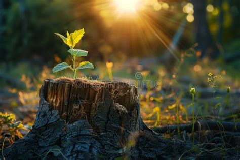 New Sprout Grows Out Of Old Stump Young Sprout On Old Tree In Morning Sunlight Environment
