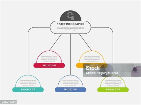 슬라이드 프리젠 테이션을위한 둥근 바닥 글 배지가있는 반원 선 구조의 5 포인트 템플릿 인포 그래픽 개요 스타일 0명에 대한