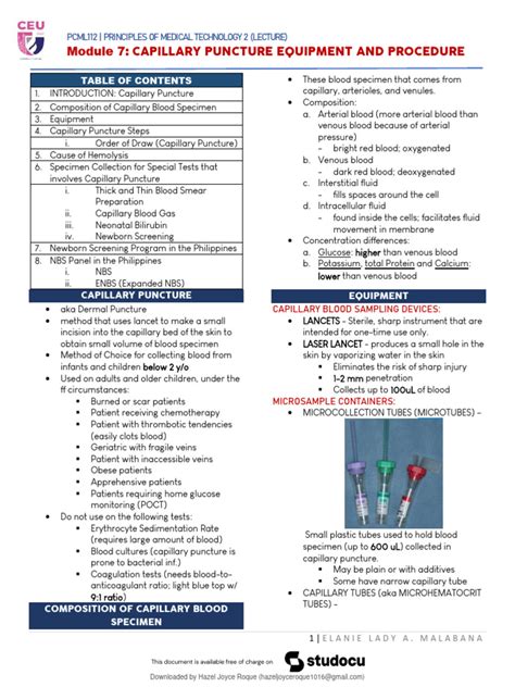 Module 7 Capillary Puncture Equipment And Procedure Pdf Blood