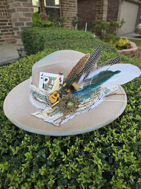 Hand Painted Fedora Hat Beige Cowgirl Style With Feathers Etsy