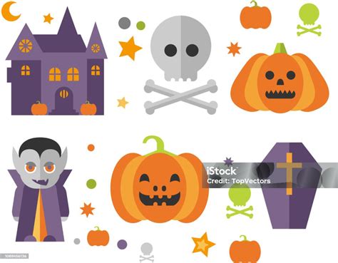 할로윈 아이콘 설정 성 뱀파이어 두개골과 뼈 호박 관 벡터 일러스트는 흰색 바탕에 흡혈귀에 대한 스톡 벡터 아트 및 기타 이미지 흡혈귀 10월 계절 Istock