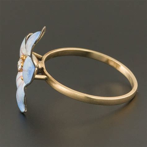 14k Gold Enamel And Diamond Flower Ring Antique Pin Conversion Ring