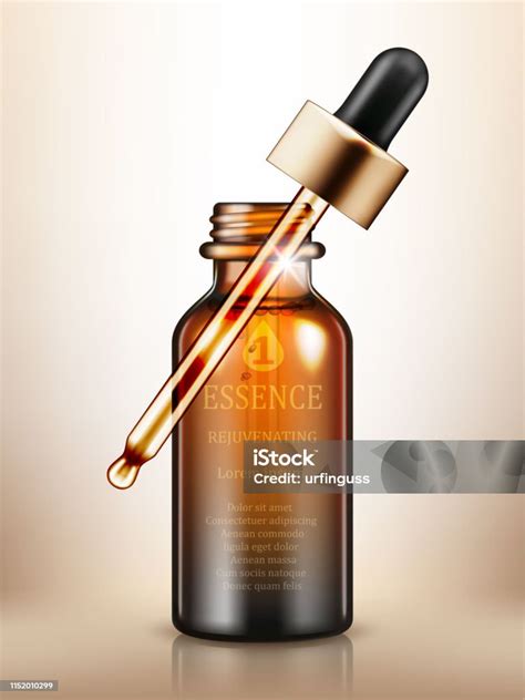 벡터 현실적인 광고 포스터 파이 펫과 갈색 유리 병에 오일 에센스와 프로 모션 배너 광고에 대한 스톡 벡터 아트 및 기타 이미지