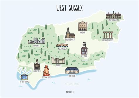 West Sussex Illustrated Map Hand Drawn Map Illustration Map Of West Sussex West Sussex Map