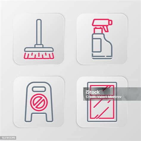 창문 청소 서비스 젖은 바닥 및 청소 진행 세제 액체가 담긴 스프레이 병 및 손잡이 빗자루 아이콘을 설정합니다 벡터 가사 집안일에 대한 스톡 벡터 아트 및 기타 이미지