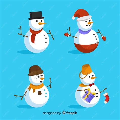 평면 디자인의 귀여운 눈사람 캐릭터 컬렉션 무료 벡터