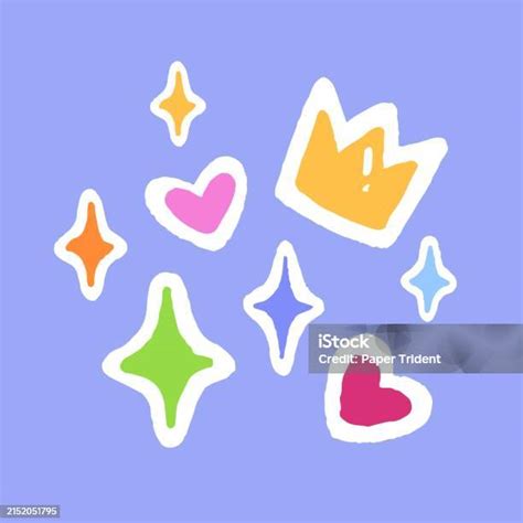 다양한 모양의 컬러 스티커 그리기 아이콘 팩 왕관 하트 스파크 별 왕관의 흔적이 그려져 반짝입니다 장식을 위한 다채로운 디자인 요소 평평한 고립 된 벡터 그림 하트 모양에