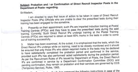 Probation And Or Confirmation Of Direct Recruit Inspector Posts In The Department Of Posts