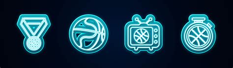 세트 라인 농구 메달 농구와 Tv와 스톱워치에 일치합니다 빛나는 네온 아이콘 벡터 경기장에 대한 스톡 벡터 아트 및 기타 이미지 경기장 경쟁 골 스포츠 장비 Istock