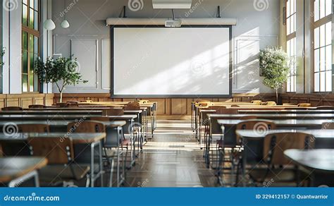 Generative Ai Classroom Interior With White Board Projection Screen And Wooden Desks Business