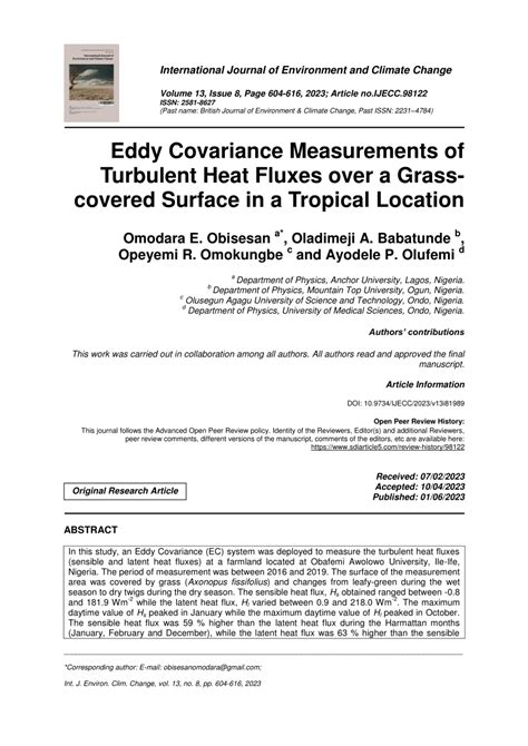 Pdf Eddy Covariance Measurements Of Turbulent Heat Fluxes Over A Grass Covered Surface In A