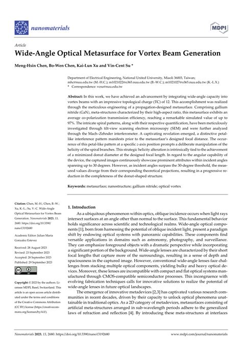 Pdf Wide Angle Optical Metasurface For Vortex Beam Generation