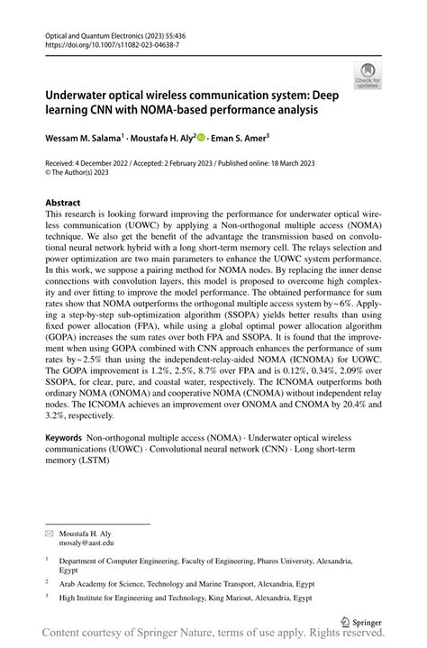 Pdf Underwater Optical Wireless Communication System Deep Learning Cnn With Noma Based