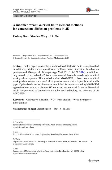 Pdf A Modified Weak Galerkin Finite Element Methods For Convectiondiffusion Problems In 2d