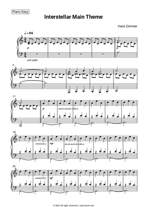 Interstellar Main Theme Hans Zimmer Easy Piano Sheet Music Note