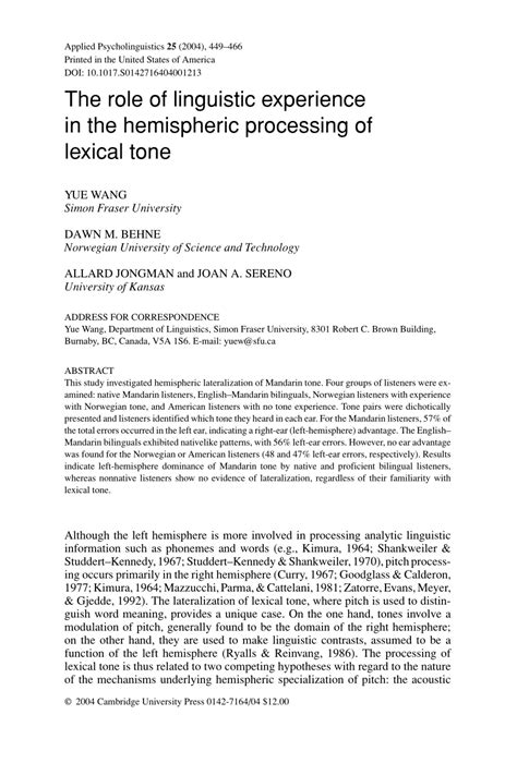 Pdf The Role Of Linguistic Experience In The Hemispheric Processing