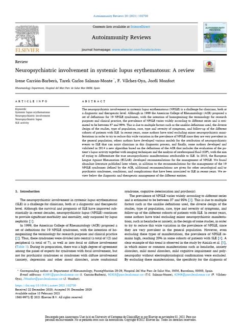 Neuropsychiatric Involvement In Systemic Lupus Erythematosus A Review Download Free Pdf