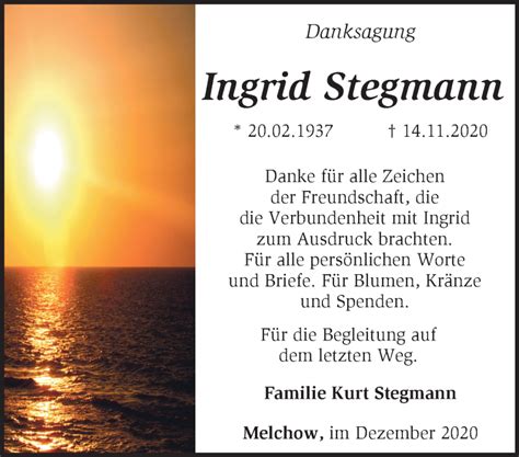 Traueranzeigen Von Ingrid Stegmann Märkische Onlinezeitung Trauerportal