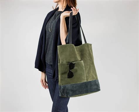 Khaki Suede Leather Tote Bag With Pockets Minimalist Everyday Shoulder Bag Soft Leather Tote