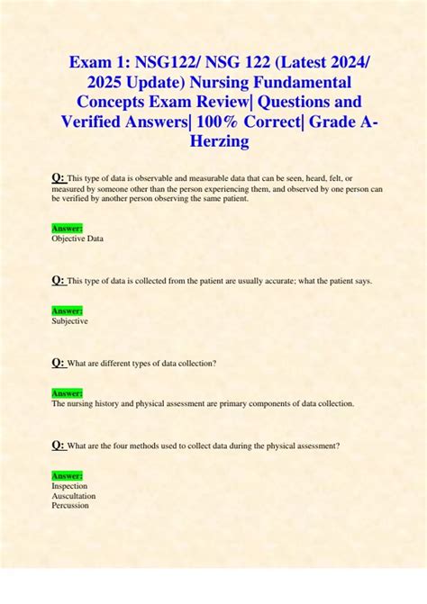 Exam 1 Nsg122 Nsg 122 Latest 2024 2025 Update Nursing Fundamental Concepts Exam Review