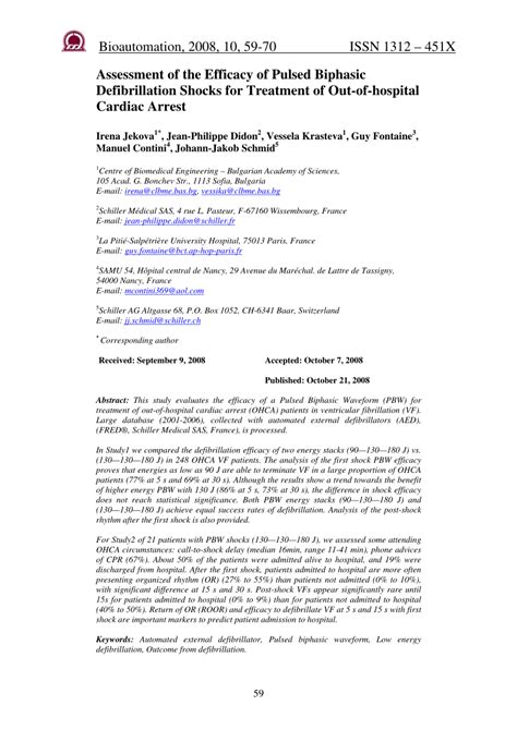 Pdf Assessment Of The Efficacy Of Pulsed Biphasic Defibrillation Shocks For Treatment Of Out