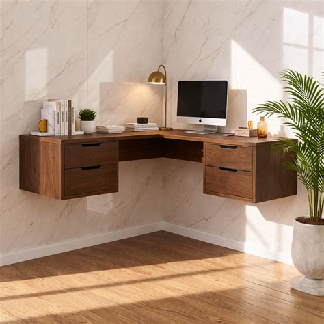 Floating Corner Desk With Drawers Walnut Wall Mounted Workspace