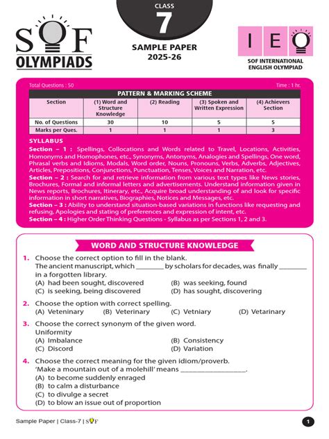 Ieo Sample Paper Class 7 2025 26 Pdf Verb Word