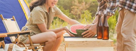 Cheer Up Pretty Asian Young Woman Girl Clap Hand Sitting Next To Tent While Man Peel