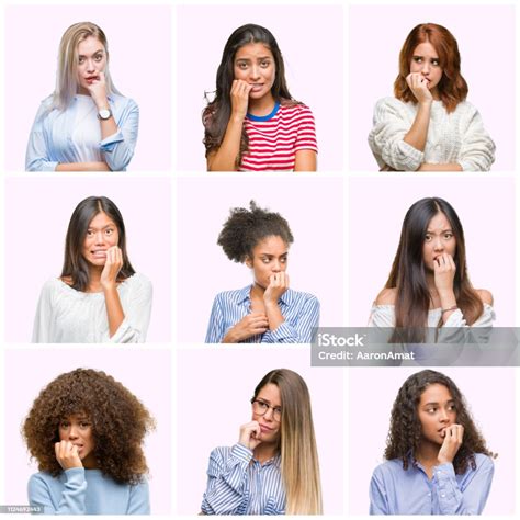 분홍색 고립 된 배경 위에 젊은 여자의 콜라주 스트레스와 입 물고 손톱에 손으로 긴장 찾고 불안 문제 불안에 대한 스톡 사진 및 기타 이미지 Istock