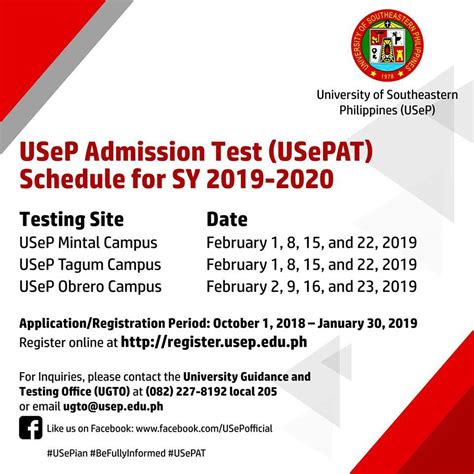 Usep Admission Test Usepat Schedule For Sy 2019 2020 Office Of The University Registrar