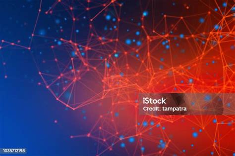 오렌지와 블루 디지털 데이터 및 네트워크 연결 삼각형 선과 파란색 배경에 3d 추상 그림 기술 개념 분야 0명에 대한 스톡 사진 및 기타 이미지 Istock
