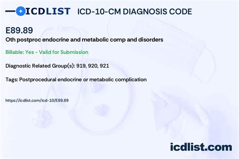 Icd 10 Cm Diagnosis Code E89 89 Other Postprocedural Endocrine And Metabolic Complications And