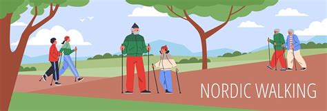 다양한 사람들이 공원에서 걷고 있는 노르딕 그림 평면 벡터 그림 지팡이로 운동하는 연령대가 다른 사람들 젊은 남자와 여자 나이 든 숙녀와 아이를 가진 할아버지 공원에 대한
