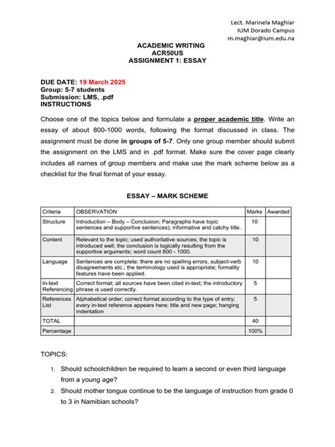 Academic Essay Assignment Guidelines Pdf Schools Teachers