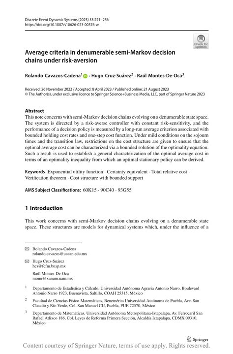 Average Criteria In Denumerable Semi Markov Decision Chains Under Risk Aversion Request Pdf