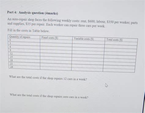 Solved Part 4 Analysis Question 4marks An Auto Repair