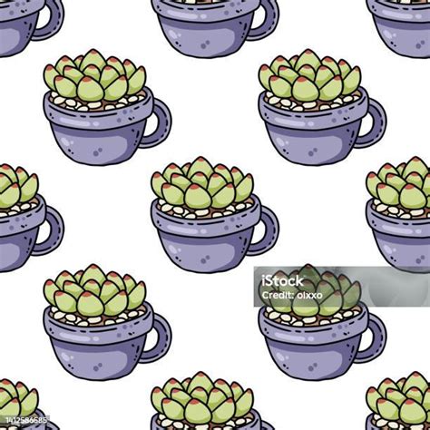귀여운 만화 즙이 많은 식물은 원활한 테두리 패턴을 낙서합니다 화분 식물 벡터 반복 가능한 배경 텍스처 타일 포장용 디자인 벽지를위한 재고 인쇄의 아늑한 템플릿 0명에 대한