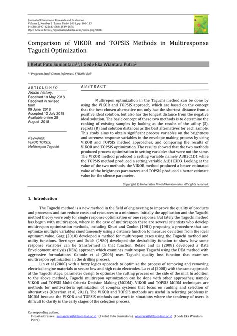 Pdf Comparison Of Vikor And Topsis Methods In Multiresponse Taguchi Optimization
