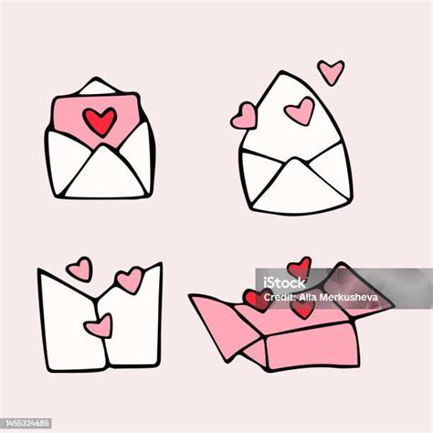 인사말 카드 선물과 사랑의 마음 낙서 벡터 삽화가 있는 연애 편지 발렌타인 데이를 위해 설정 2월에 대한 스톡 벡터 아트 및