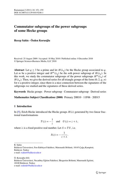 Pdf Commutator Subgroups Of The Power Subgroups Of Some Hecke Groups