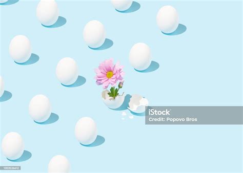 흰색 달걀과 꽃으로 만든 창조적 인 부활절 패턴은 밝은 파란색 배경에 금이 달걀 껍질에서 튀어 나옵니다 0명에 대한 스톡 사진