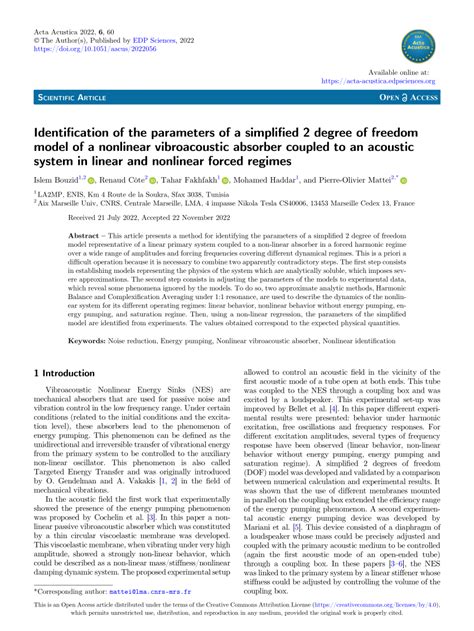 Pdf Identification Of The Parameters Of A Simplified 2 Degree Of Freedom Model Of A Nonlinear